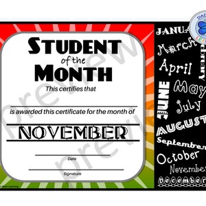 Student of the Month Certificate for November, Editable PDF Student of ...