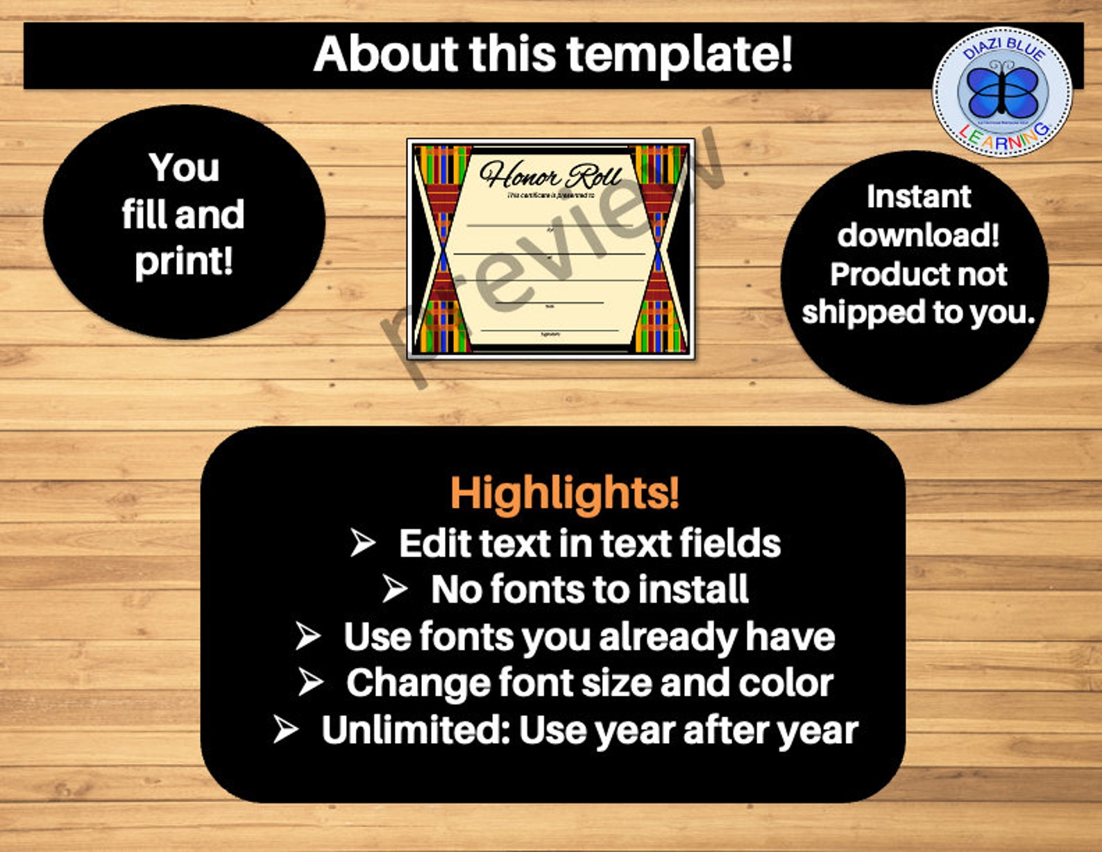 Kente Fillable Honor Roll PDF Certificate #3, Editable Kente Honor Roll ...