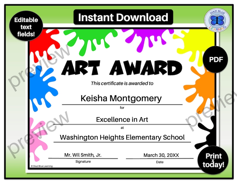 Art Certificate, PDF Art Certificate, Editable Art Certificate, End of ...
