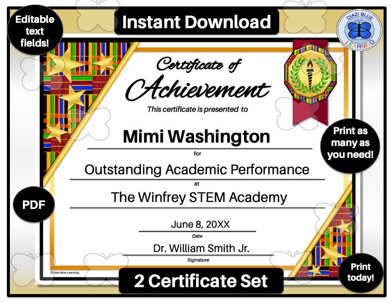 Kente Fillable Certificate of Achievement PDF, Editable Certificate of ...