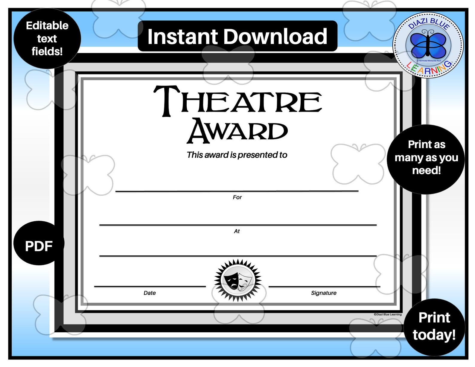 Editable Theatre Award PDF, Printable Theatre Certificate Award, End of ...