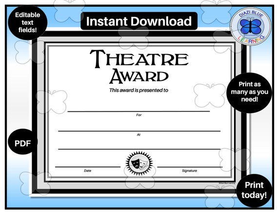 Editable Theatre Award PDF Printable Theatre Certificate - Etsy UK