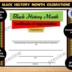 Black History Month Certificate of Appreciation, Editable Black History ...