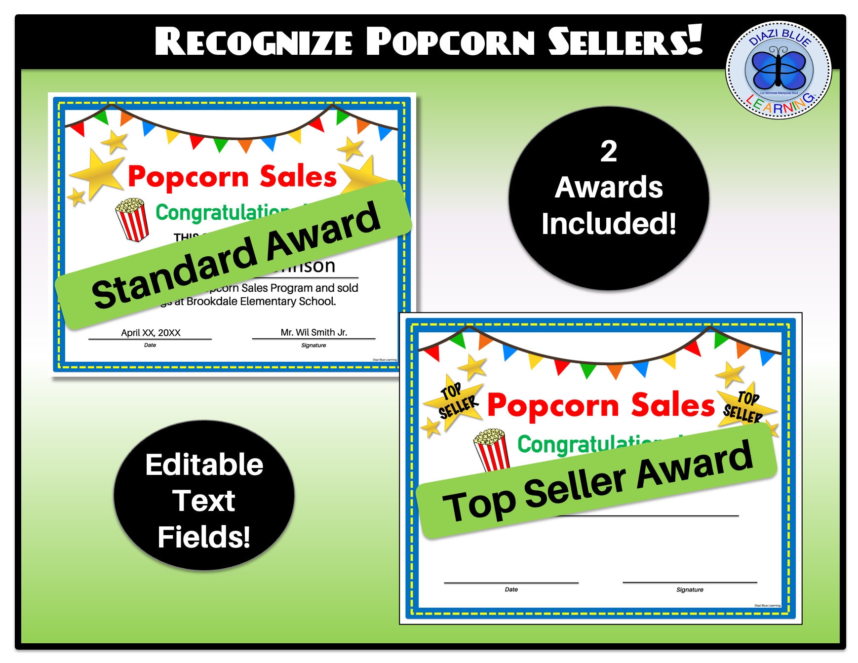 Popcorn Sales Award Certificate, Editable School Popcorn Sales Award ...