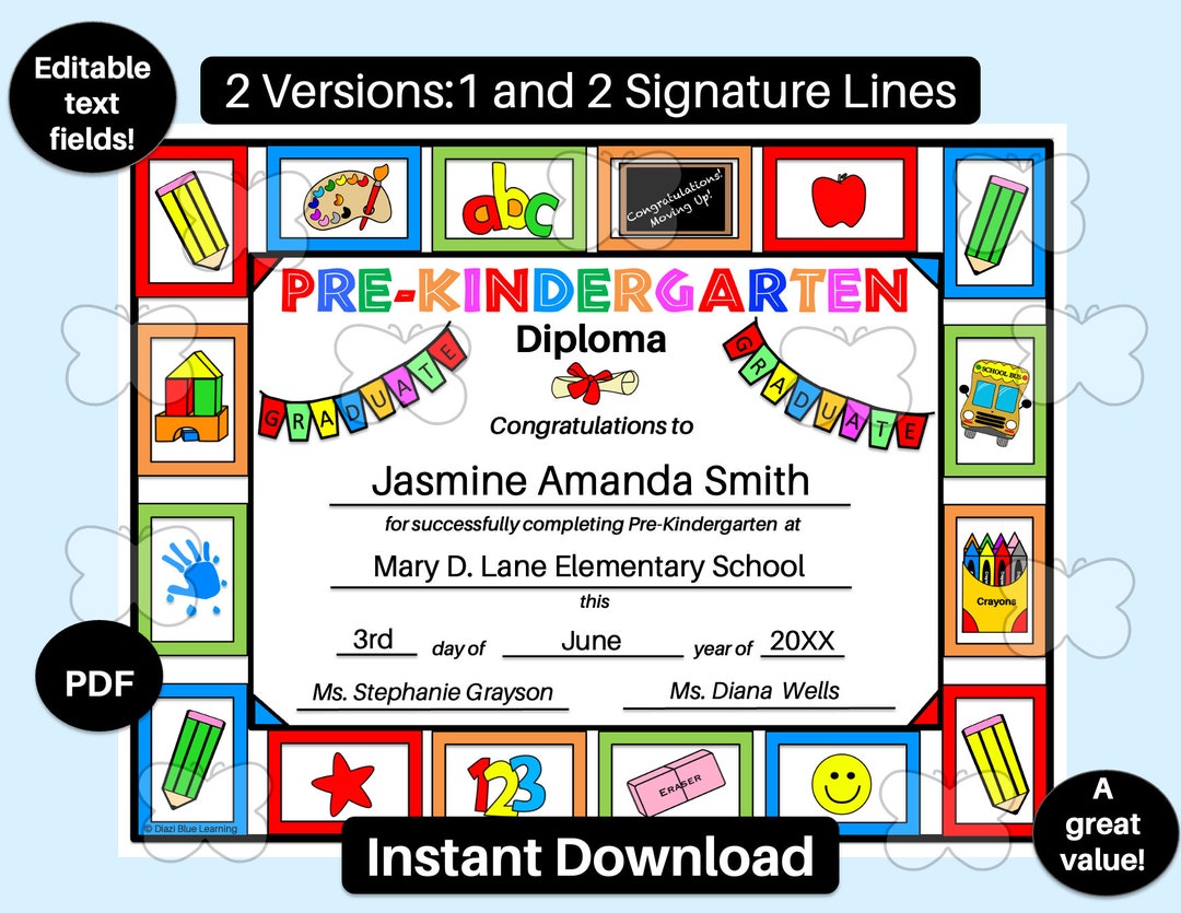 Pre-k Diploma, Pre-k Graduation Diploma, Fillable Prekindergarten ...