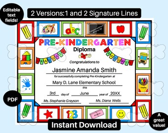 Pre-k Diploma, Pre-k Graduation Diploma, Fillable Prekindergarten ...
