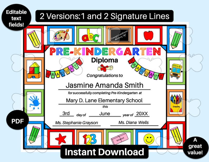 Pre-k Diploma, Pre-k Graduation Diploma, Fillable Prekindergarten ...