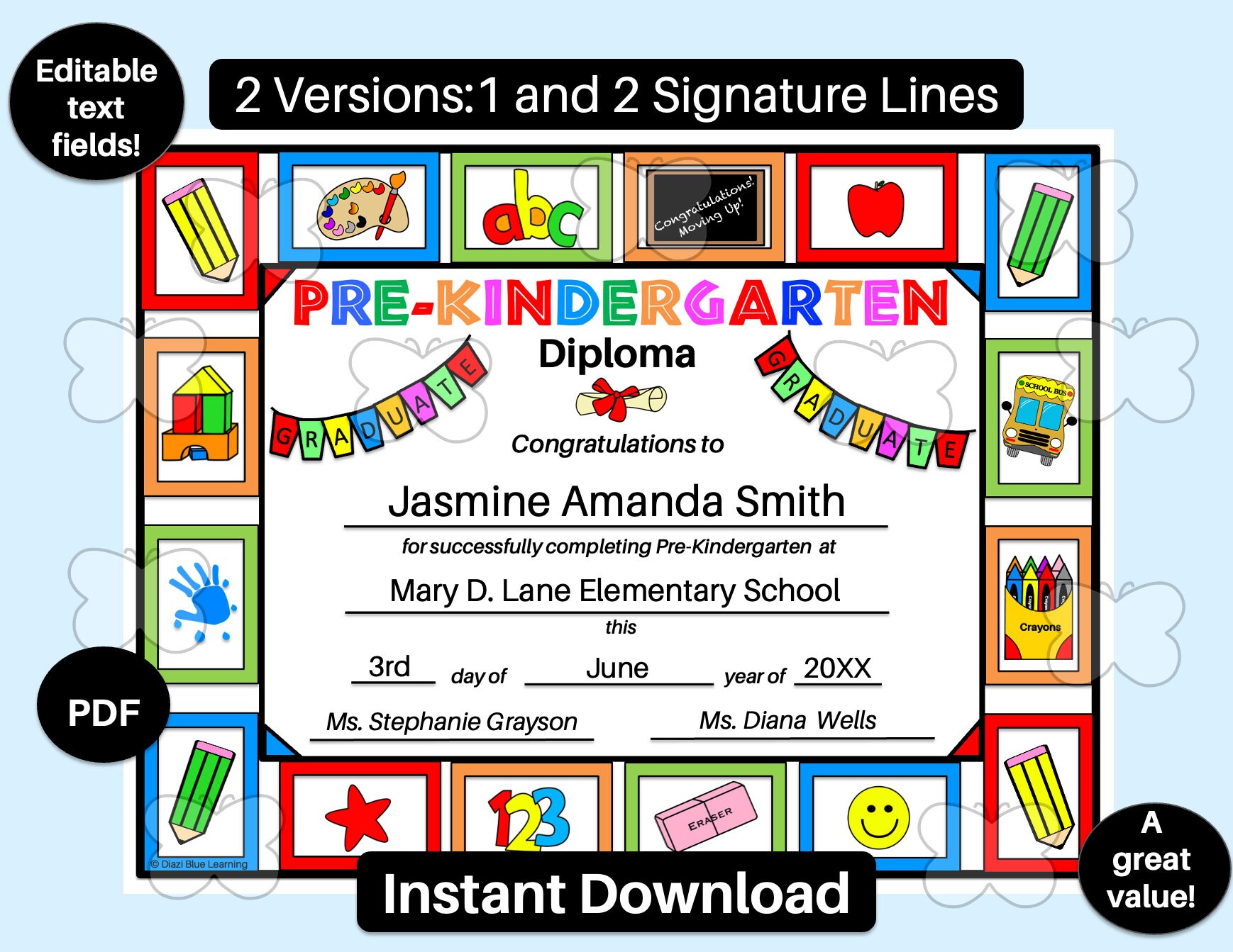 Pre-k Diploma, Pre-k Graduation Diploma, Fillable Prekindergarten ...