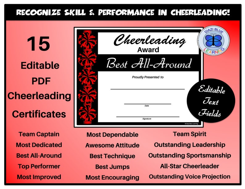Red and Black Cheerleading Certificates, Cheerleading Awards, Editable ...