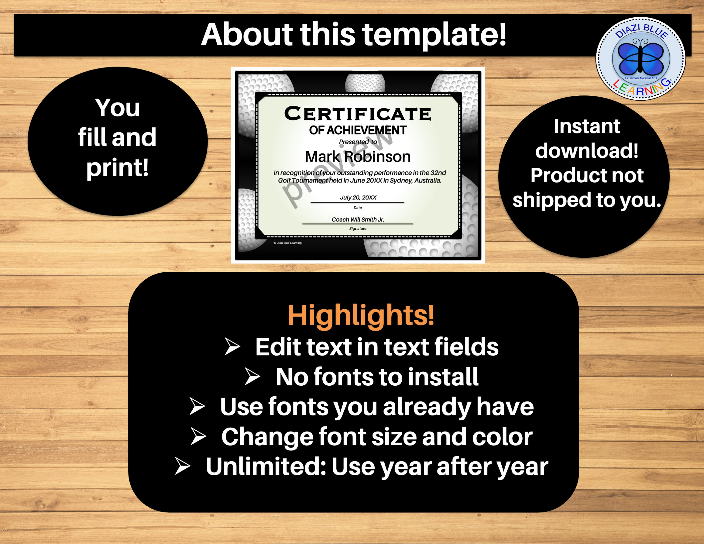 Editable Golf Certificate, Golf Certificate With 1 or 2 Signature Line ...