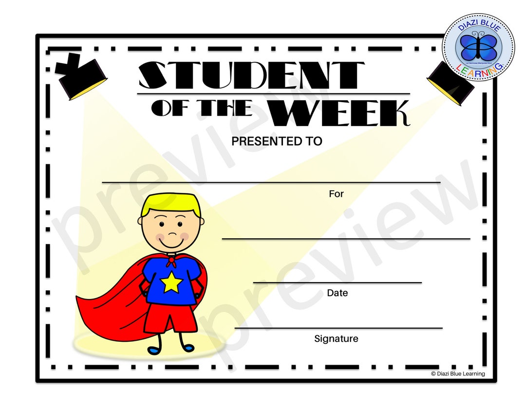 Student of the Week Certificate Editable PDF Student of the - Etsy
