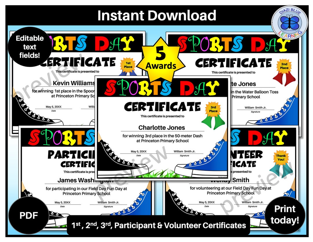 Sports Day Award, Editable Sports Day Certificate PDF, Sports Day ...