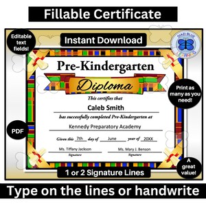 Pre-k Graduation Diploma, Editable Kente Pre-kindergarten Diploma, 1 or ...