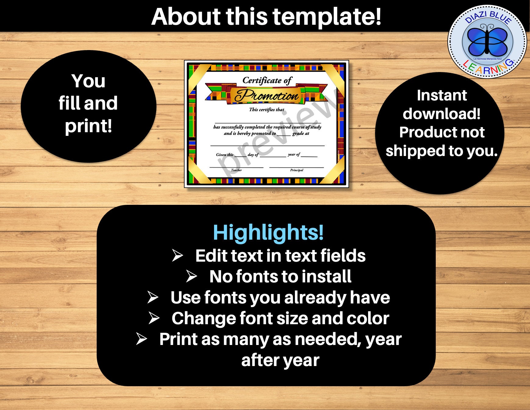 Kente Promotion Certificate, 1 or 2 Signature Lines, End of School Year ...