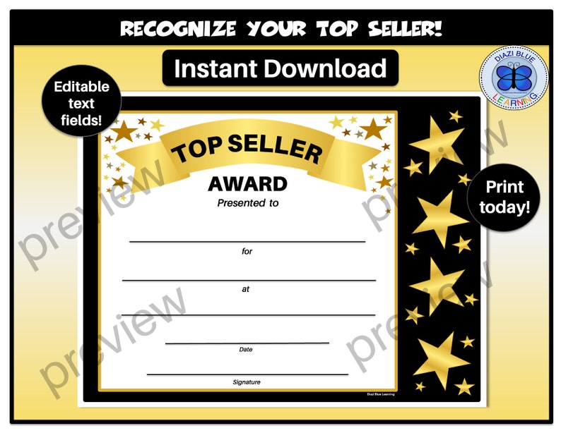 Top Seller Award, Top Seller Certificate of Recognition, School ...