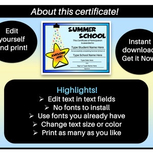 Summer School Certificate, Editable Summer School Certificate ...