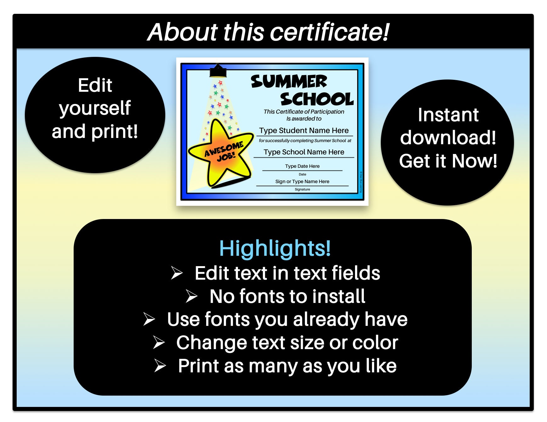Summer School Certificate, Editable Summer School Certificate ...
