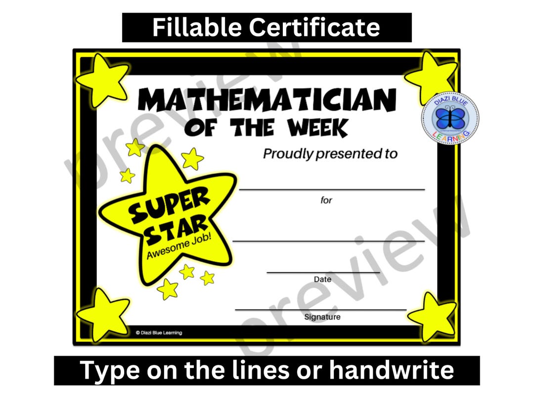 Mathematician of the Week Certificate, PDF Math Award, Editable Math ...