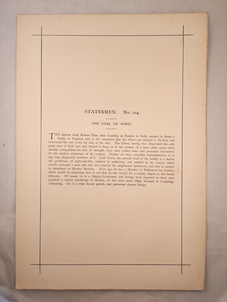 Original 1876 Vanity Fair Spy Print: the Earl of Powis, Statesmen, No ...