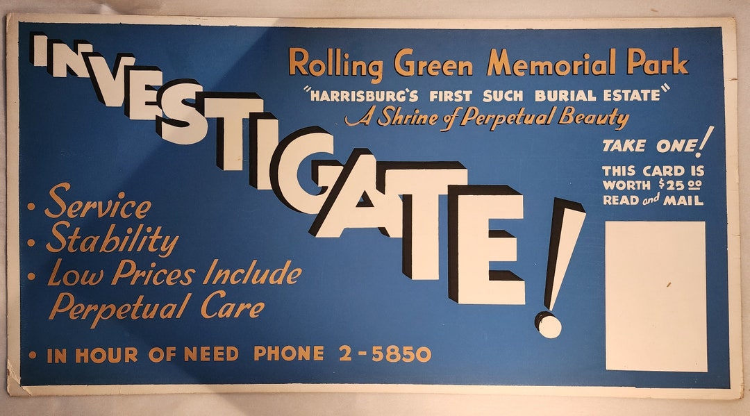 Vintage Trolley Car Advertising Sign: Rolling Green Memorial Park - Etsy