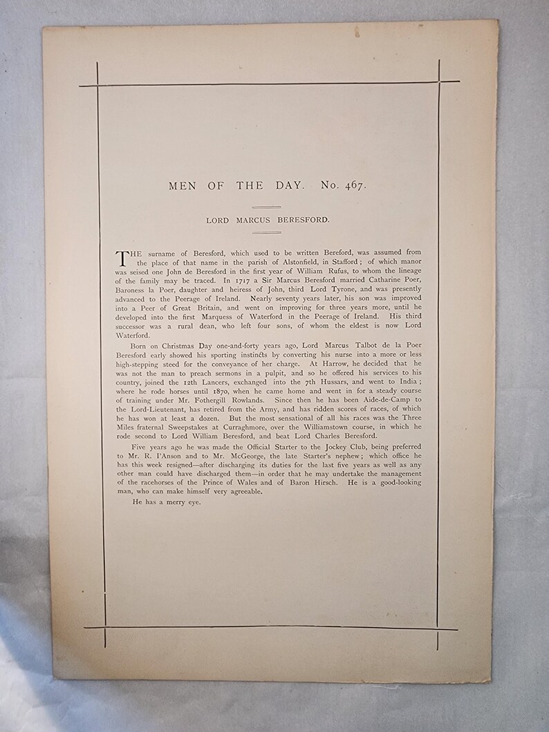 Original 1890 Vanity Fair Print: Lord Marcus Beresford, Men of the Day ...
