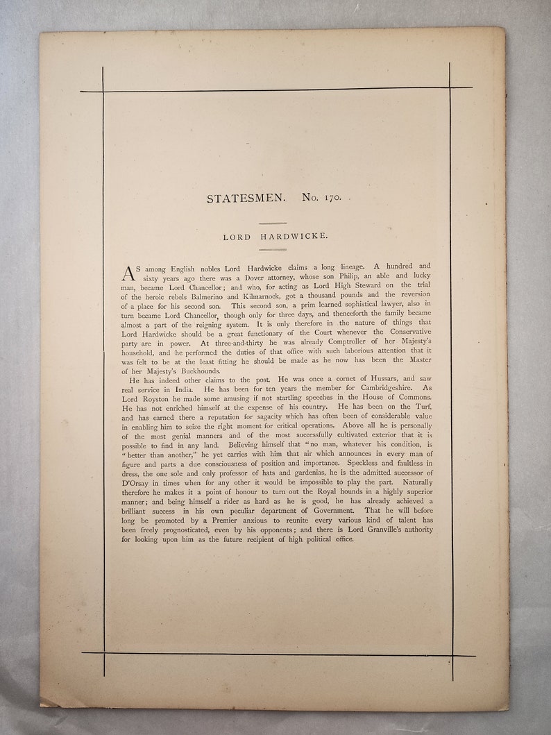 Original 1874 Vanity Fair Print: Lord Hardwicke, Statesmen, No. 170 - Etsy