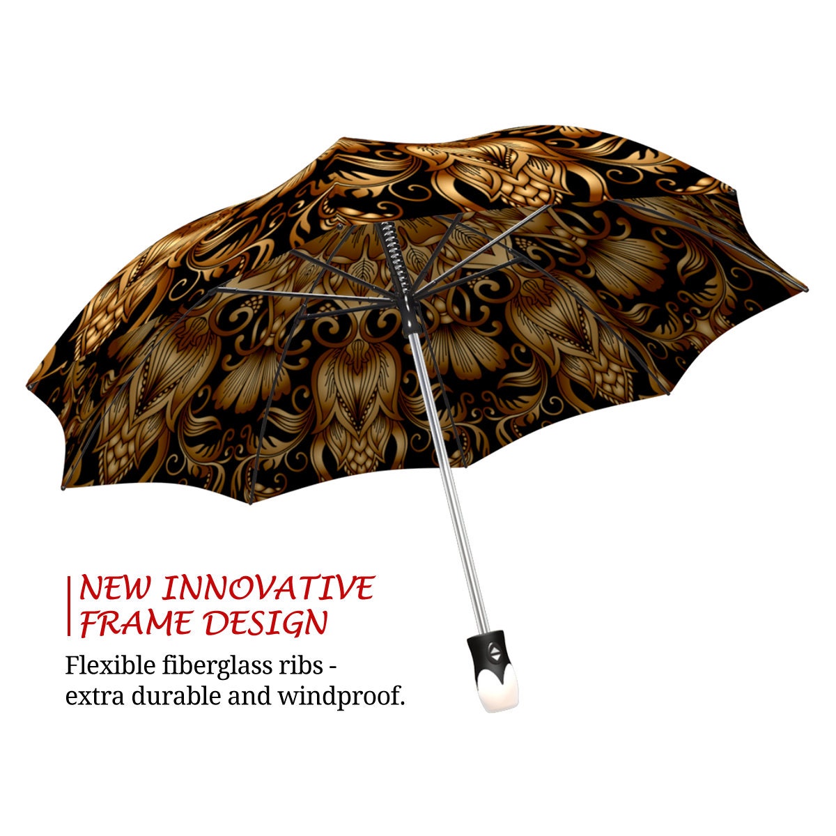 Gold Floral Umbrella - Designer Colourful Fashion Compact Rain Umbrella ...