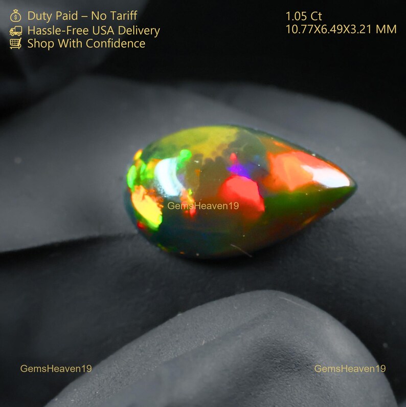 1.05 Ct Natural Black Ethiopian Opal Gemstone, Welo Fire Pear Black ...