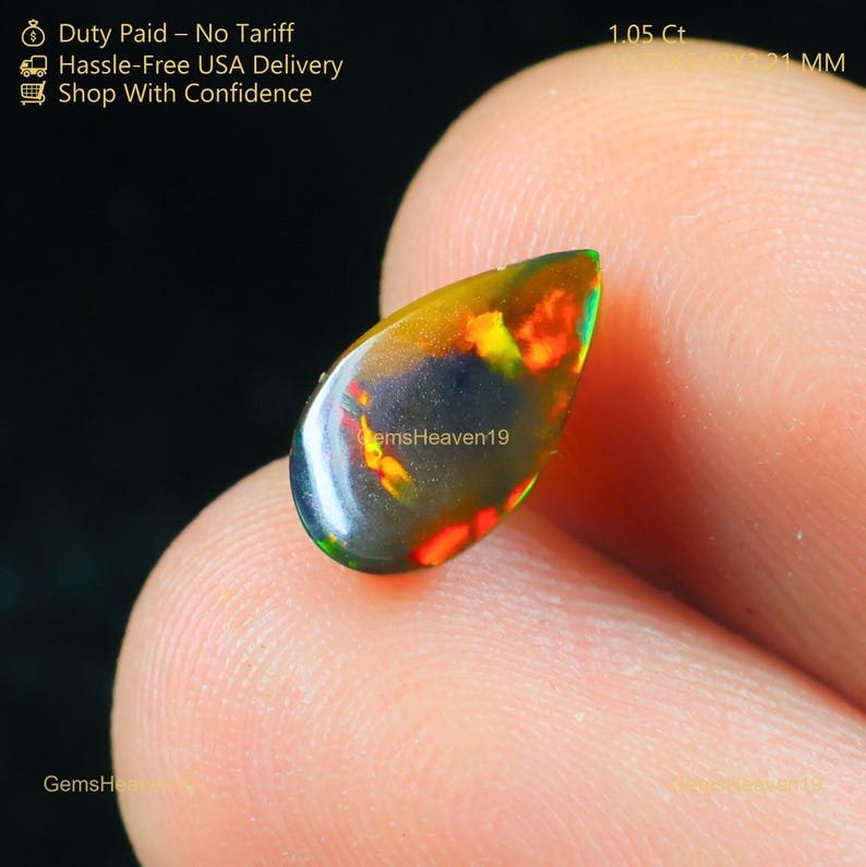 1.05 Ct Natural Black Ethiopian Opal Gemstone, Welo Fire Pear Black ...