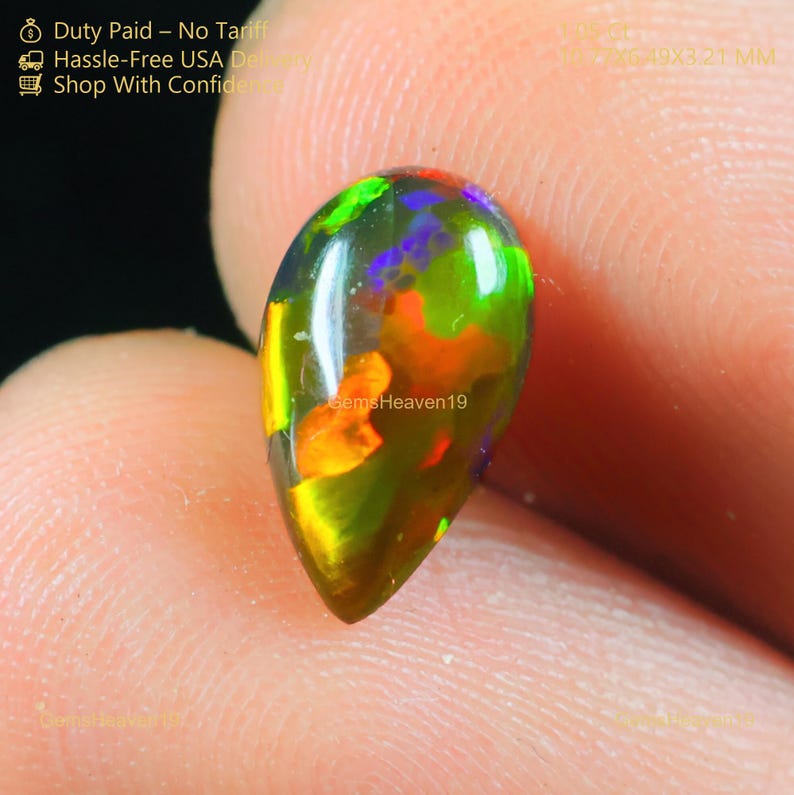 1.05 Ct Natural Black Ethiopian Opal Gemstone, Welo Fire Pear Black ...