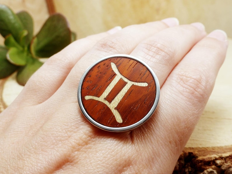 Gemini Symbol Ring, Statement Wooden Ring, Ideal Gift Wife, Zodiac Sign ...