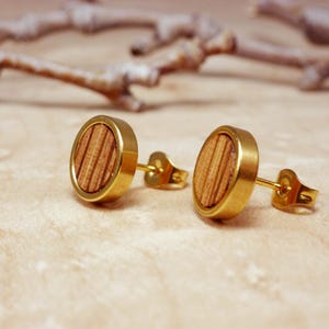 Handmade Men's Gold Stud Earrings, Natural Wood and Gold-plated Steel ...