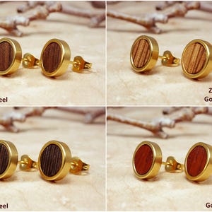 Handmade Men's Gold Stud Earrings, Natural Wood and Gold-plated Steel ...