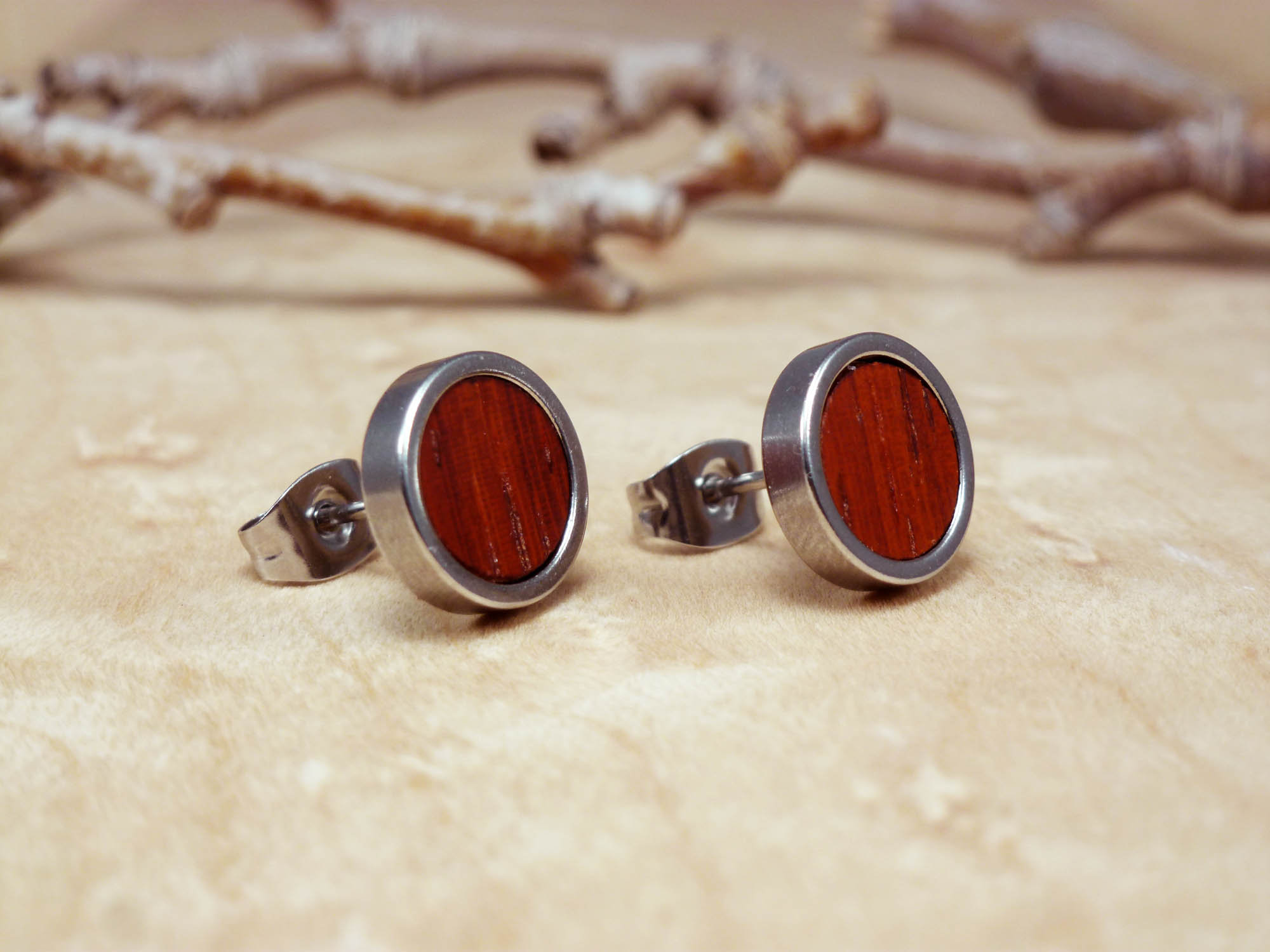 Natural Wood Stud Earrings for Men, Round Wooden Ear Studs, Modern ...