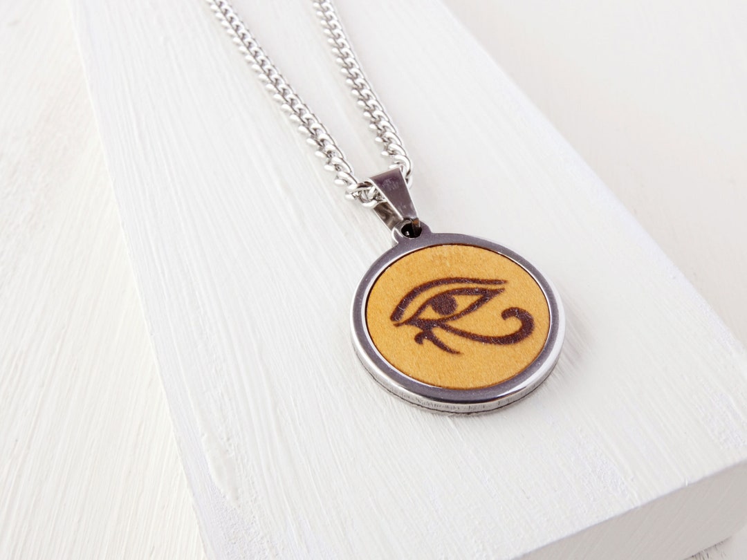 Eye of Horus Necklace, Natural Wood Engraved Stainless Steel Jewelry ...