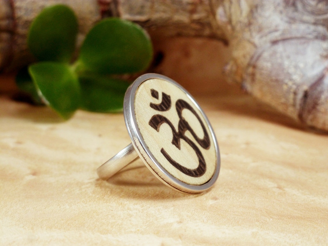 Wood Om Symbol Ring Eastern Spiritual Peace Ring Ohm Yoga - Etsy