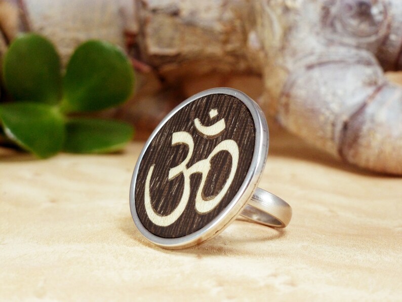 Wood Om Symbol Ring, Eastern Spiritual Peace Ring, Ohm Yoga Ring ...