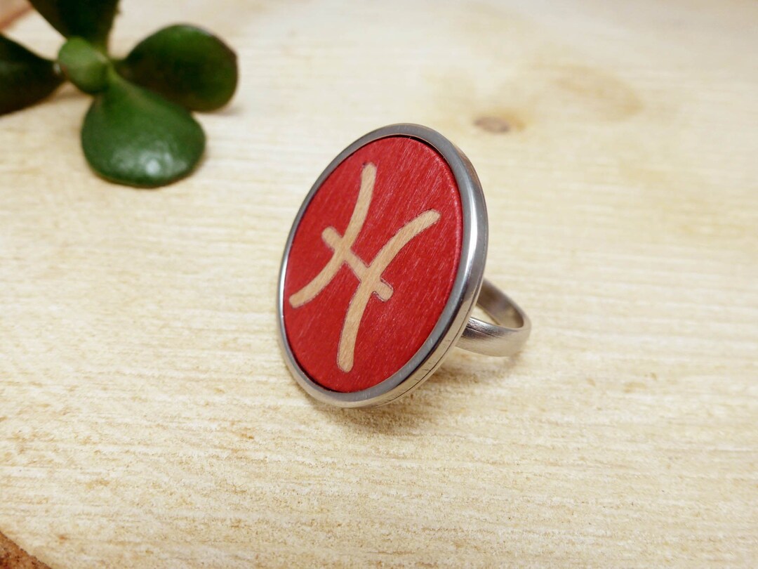 Pisces Symbol Ring, Wooden Ring Women, Stainless Steel Ring, Pisces ...