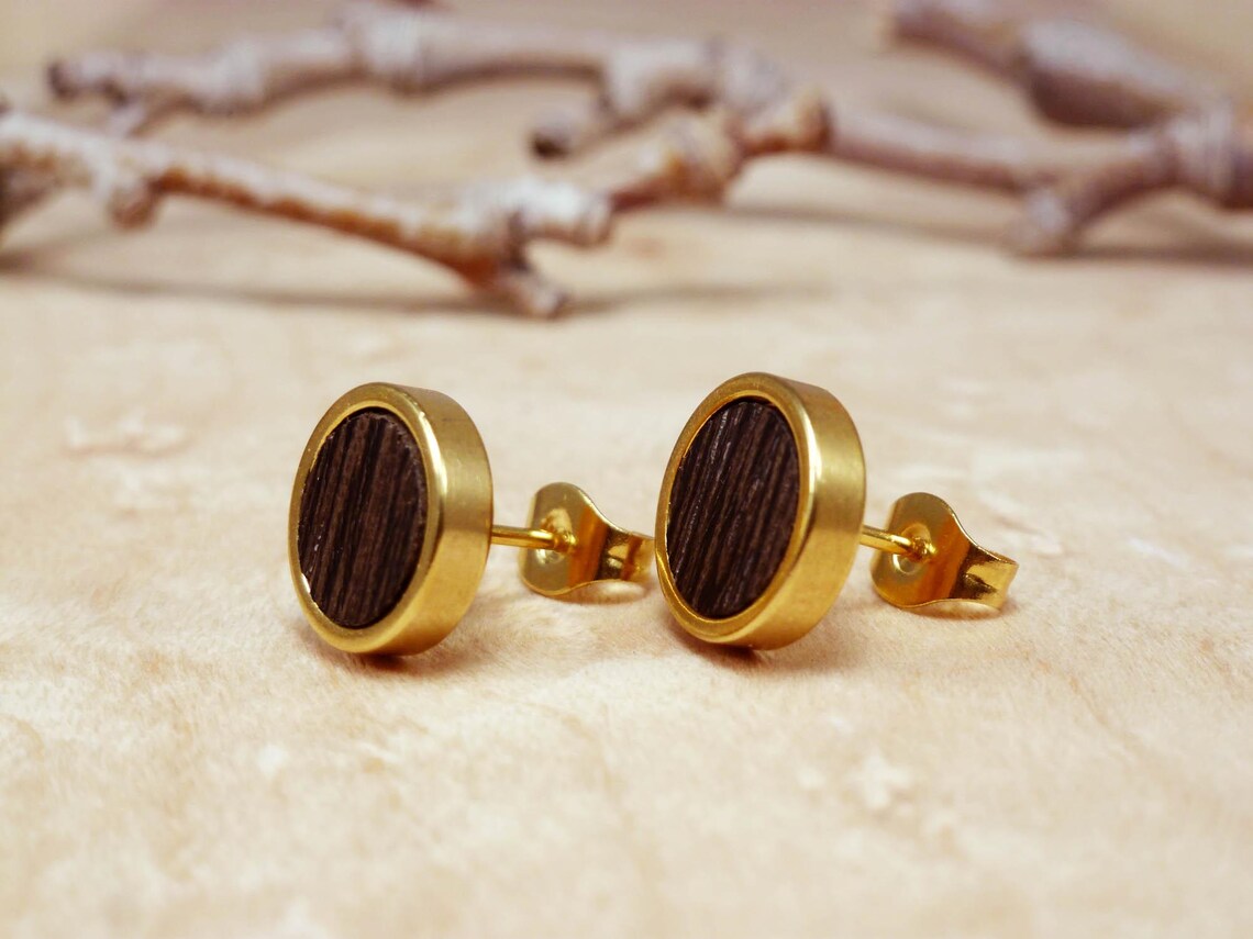 Handmade Men's Gold Stud Earrings, Natural Wood and Gold-plated Steel ...