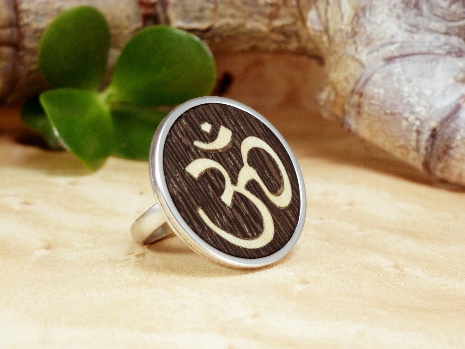 Wood Om Symbol Ring, Eastern Spiritual Peace Ring, Ohm Yoga Ring ...