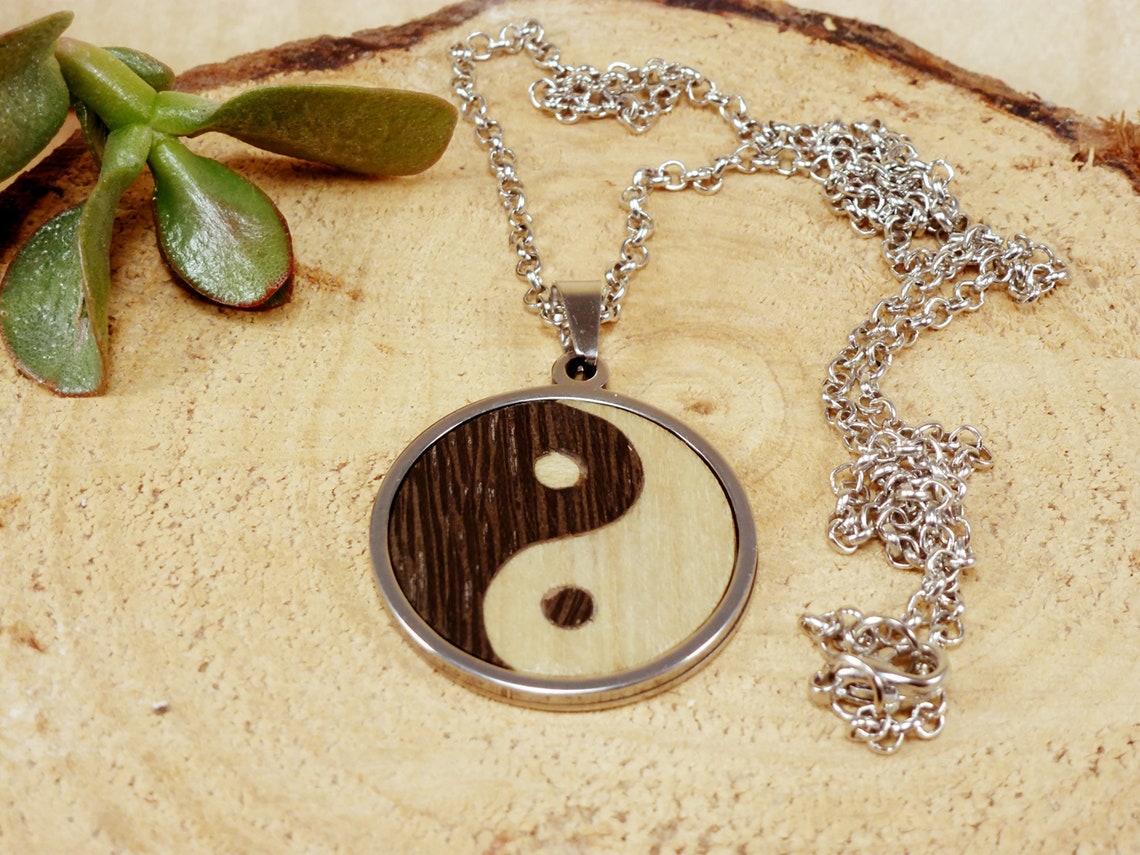 Yin Yang Pendant, Round Pendant Necklace, Yin Yang Jewelry, Wood Steel ...
