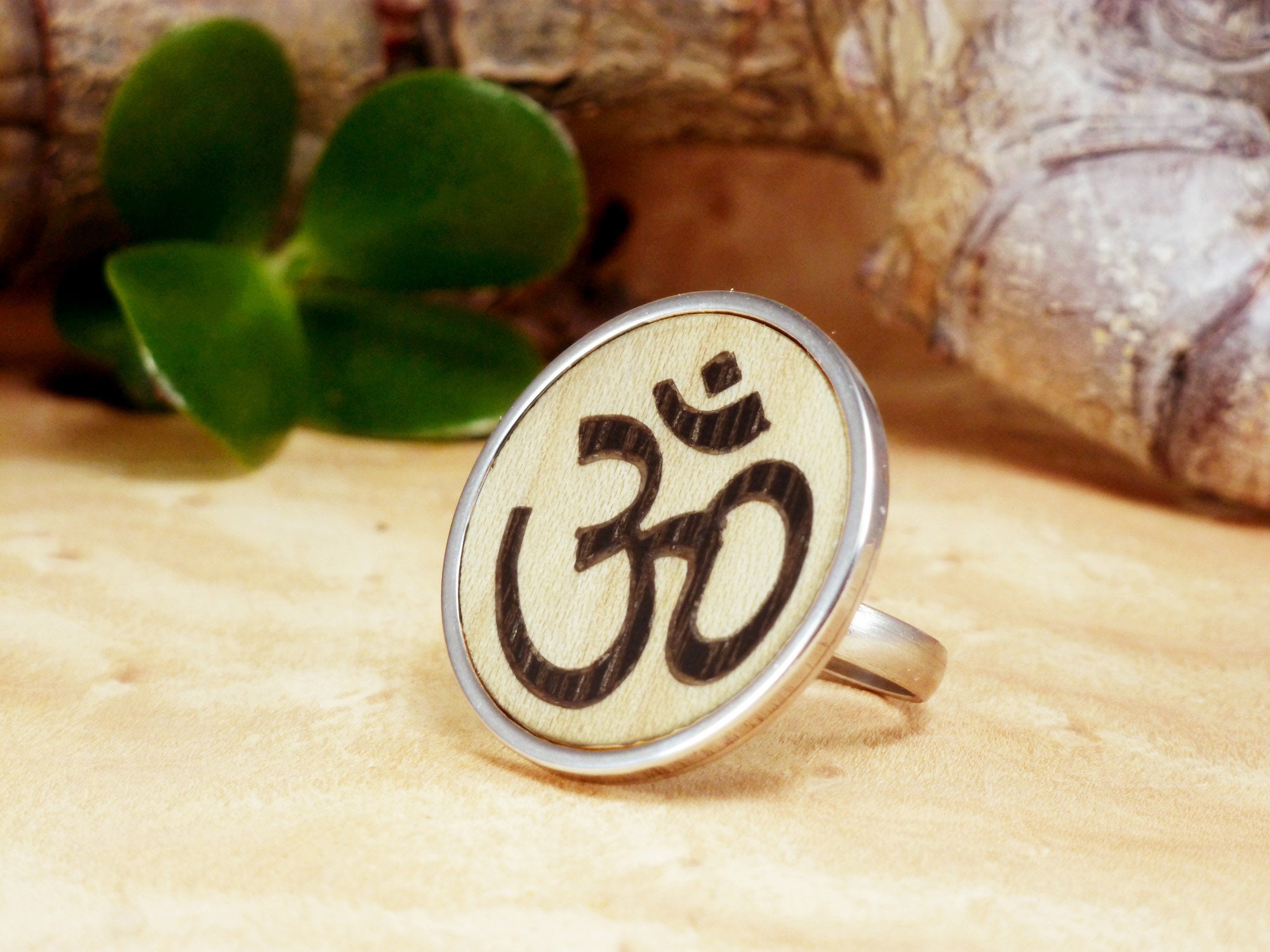 Wood Om Symbol Ring, Eastern Spiritual Peace Ring, Ohm Yoga Ring ...