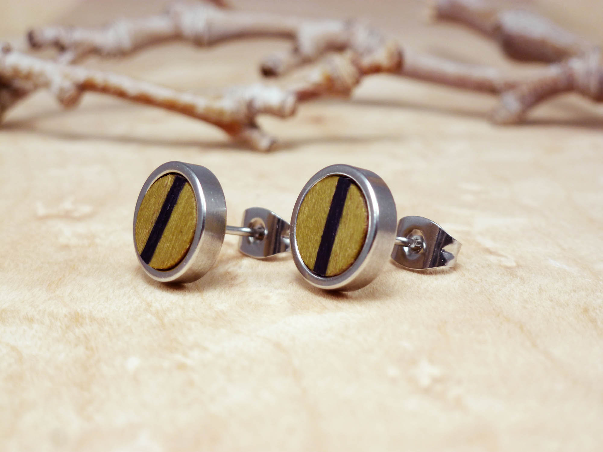 Mini Wooden Steel Earrings for Men, Natural Earrings Men, Small Stud ...
