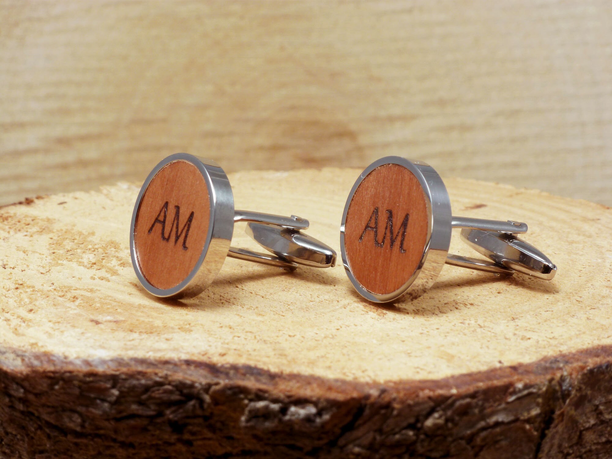Wooden cufflinks with two initials engraved bohemian custom | Etsy