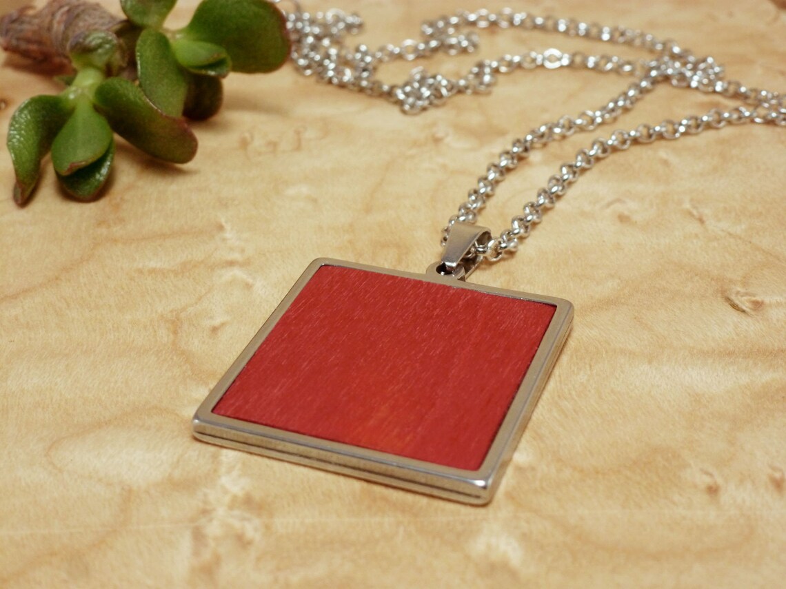 Square Wood Pendant Necklace Geometric Steel Necklace Simple - Etsy