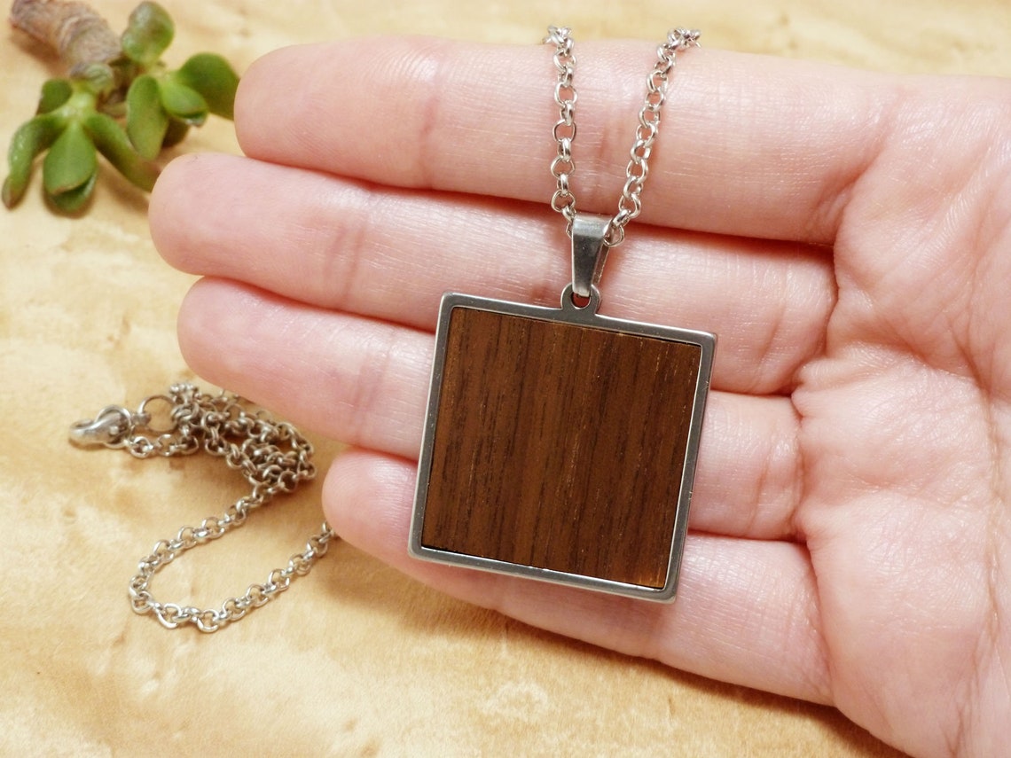 Square Wood Pendant Necklace Geometric Steel Necklace Simple - Etsy