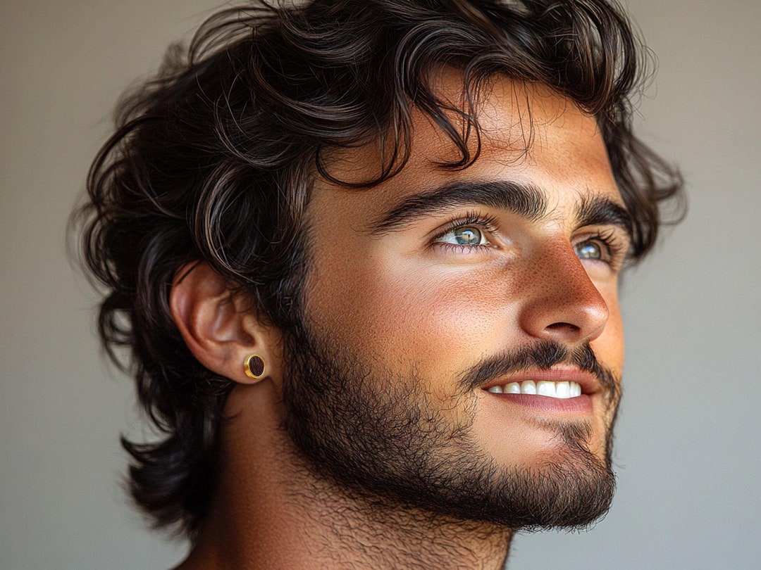 Handmade Men's Gold Stud Earrings, Natural Wood and Gold-plated Steel ...