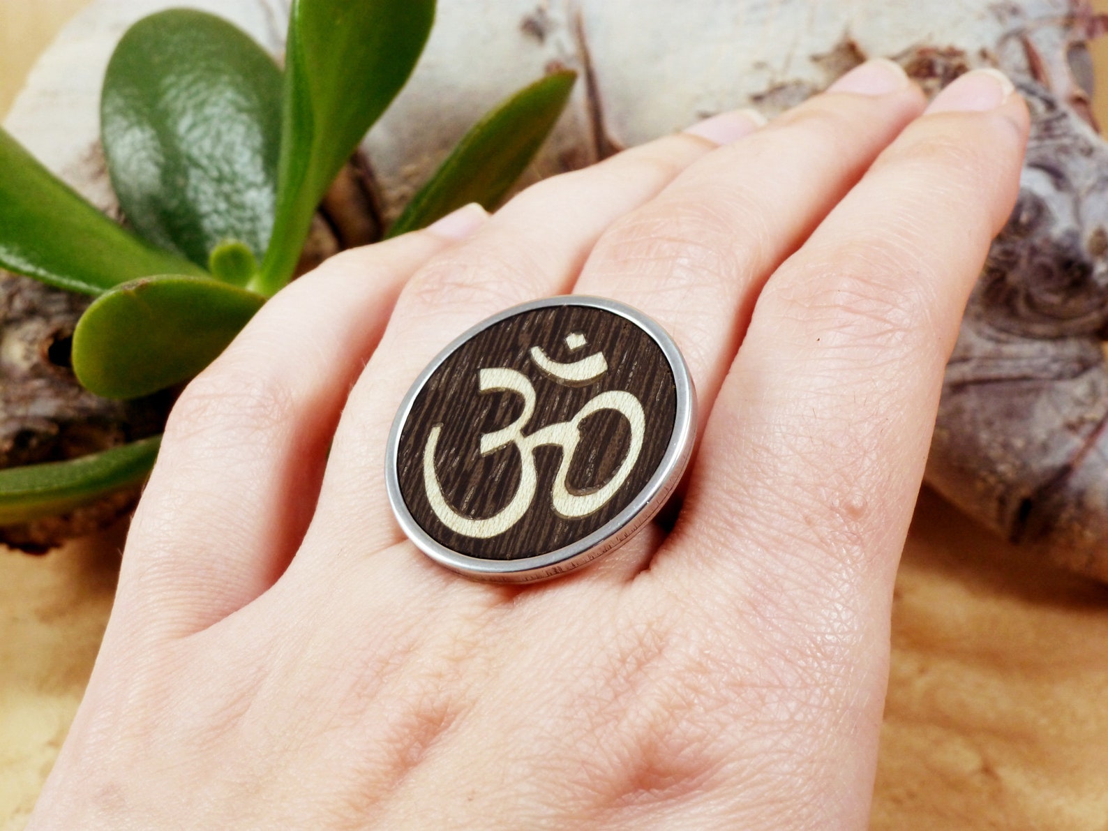 Om Symbol Wooden Steel Ring: Meditation Buddhist Jewelry for Women ...