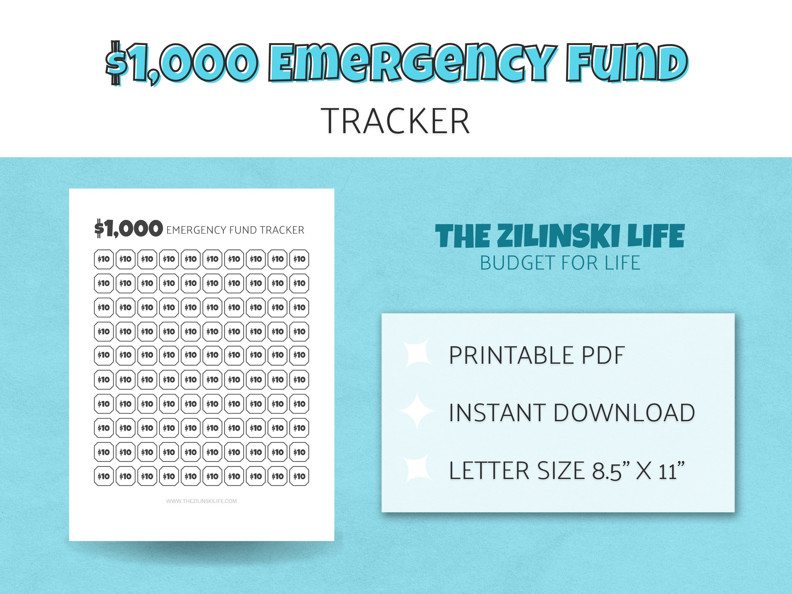 1000 Emergency Fund Tracker, Vacation Fund Tracker, 1000 Dollar ...