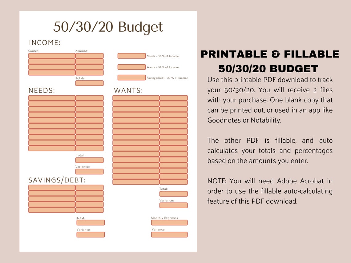 50/30/20 Budget Worksheet Fillable PDF | Etsy